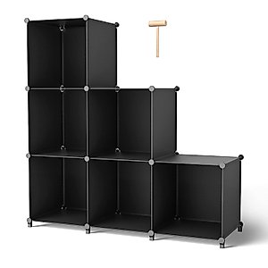 Homywish Cube Storage Organizer 6-Cube Closet Storage Shelves with Wooden Hammer DIY Closet Cabinet Room Storage Bookshelf Plastic Square Organizer Shelving for Home, Office, Bedroom, Black…