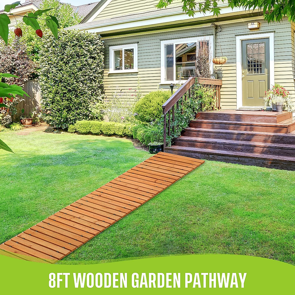 Tatuo 1 Pack 8 FT Wooden Garden Pathway Roll Out Straight Walkway Outdoor Path Wood Flooring Boardwalk Pavers for Garden Backyard Patio Beach Outdoor Wedding Party, 8' L x 17" W
