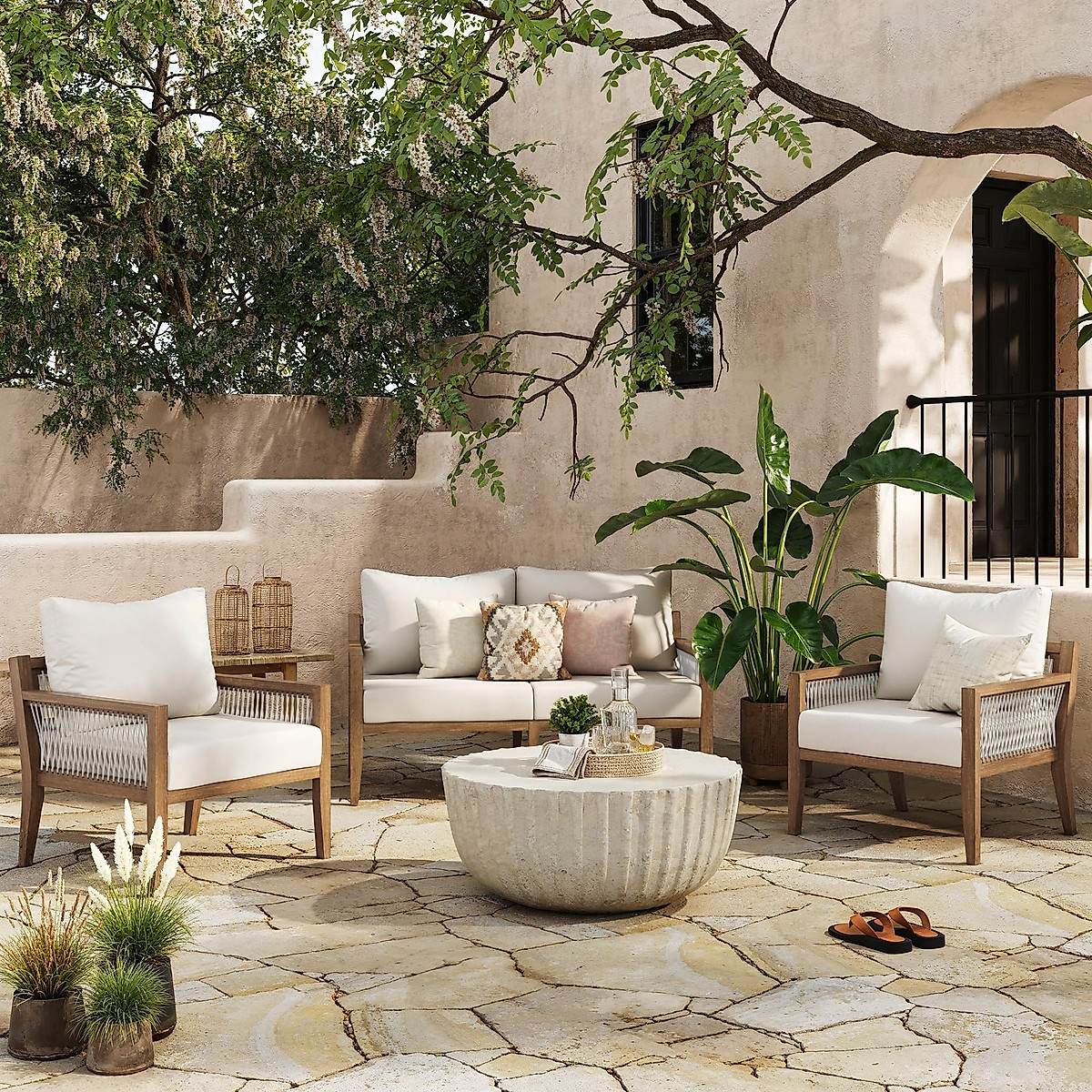 Nathan James Freya Bohemian Wood Loveseat, Upholstered Loveseat Sofa for Patio, Solid Acacia Wood Frame, White/Light Brown