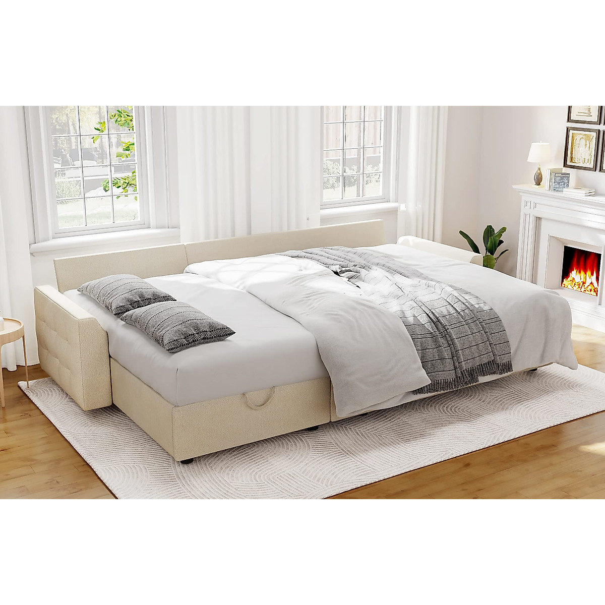 papababe Convertible Sofa Bed, Modern Tufted Sleeper Sofa, Pull Out Couch Bed with Chaise, Sleeper Sectional Sofa for Living Room (Chenille Beige)