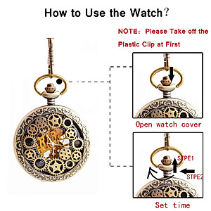 BOSHIYA Vintage Mechanical Pocket Watches for Men Steampunk Skeleton Pocket Watch with Chain Bronze Roman Numberals Pocketwatch Gifts for Fathers Day