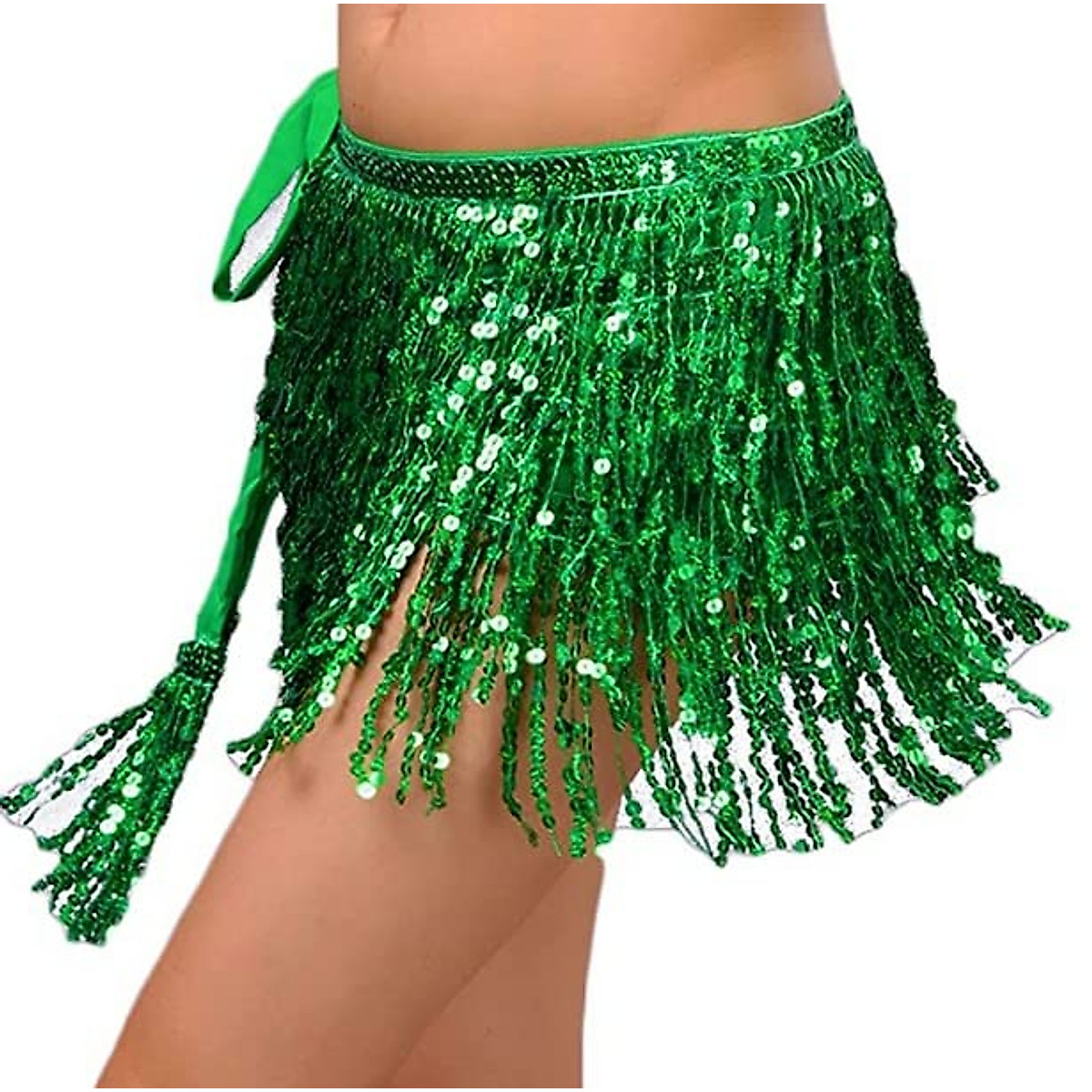 ORIDOOR Women's Latin Belly Dance Costume Padded Bra Top & Hip Scarf with Sequin Fringe Halloween Dance Outfit Green,One Size