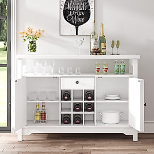 4ever2buy Farmhouse Coffee Bar Cabinet with Storage, White Coffee Bar with Drawer, Kitchen Buffet Cabinet with Barn Door, Wine Bar Cabinet with 9 Wine Racks for Dining, Living Room