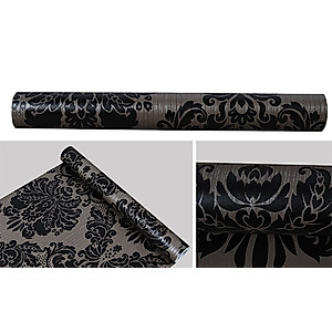 Self Adhesive Vinyl Decorative Black Damask Contact Paper for Cabinets Door Sheves Drawer Dresser Wall Sticker Decal (17.7x197 Inches)
