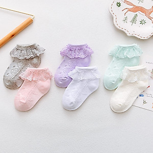 hakugoo Baby Girl Lace Socks Eyelet Ruffle Socks 6 Pairs Pack Princess Dress Socks Infant Toddler, White Ivory Pink Purple Green Grey,6-12 Months