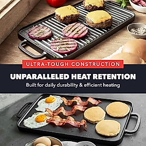 GreenPan x Bobby Flay Cast Iron Pre-Seasoned 11” Reversible Double Burner Rectangle Grill/Griddle, Helper Handles, Induction Suitable, Versatile Stovetop, Oven, BBQ & Fire, Indoor/Outdoor Use, Black