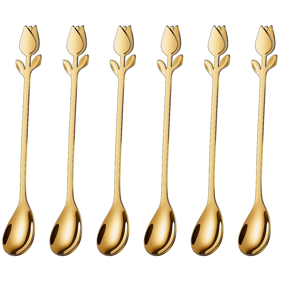 SGVRPVZ Gold Tulip/Rose Handle Tea Spoons 6-Pcs Set - 6" Stainless Steel for Mini Coffee Spoons, Espresso, Dessert - Ideal for Demitasse & Small Servings