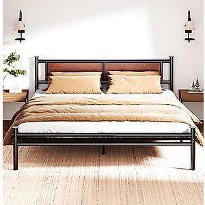 Sismplly King Size Bed Frame with Wooden Headboard, Heavy Duty Platform Bed with 12 inches Under Bed Storage, Black Metal Support System, No Box Spring Needed, Mahogany