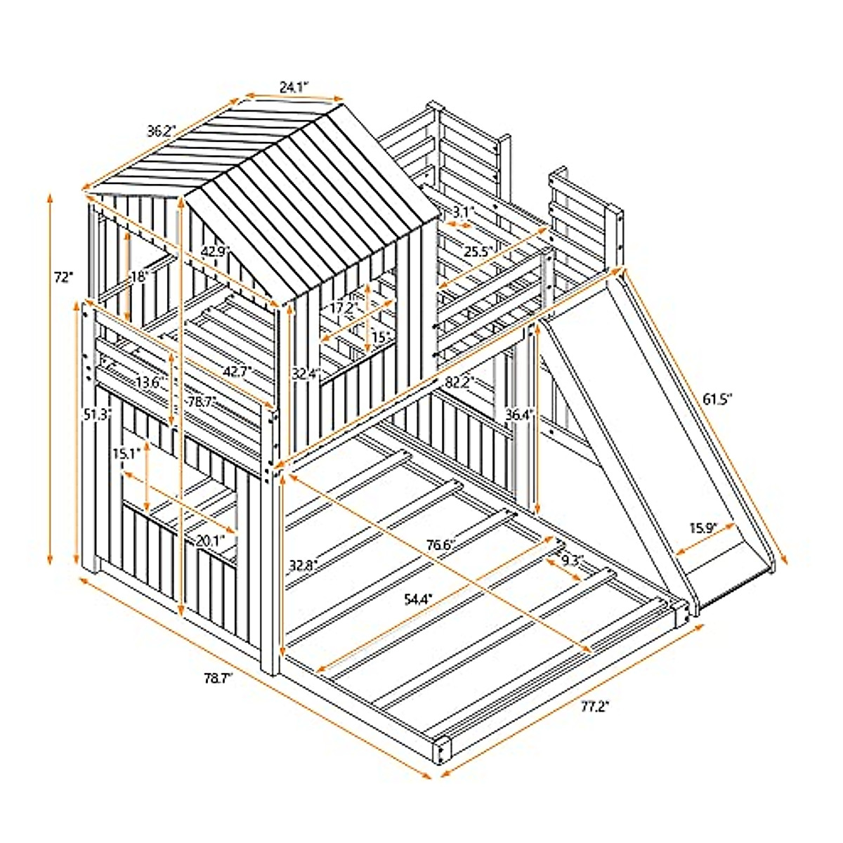 BOVZA House Bunk Beds with Slide, Wood Twin Over Full L-Shaped Bunk Beds with Roof, Windows, Ladder and Guardrails for Kids Teens Girls Boys, Antique Gray