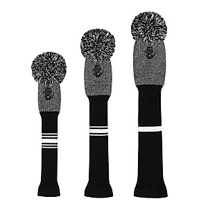 Scott Edward Knit Golf Club Cover Set of 3 Black and White Dot Fish Scale Pattern Protect Driver Wood(460cc) Fairway Wood and Hybrid/UT with Rotating Club Number Tags