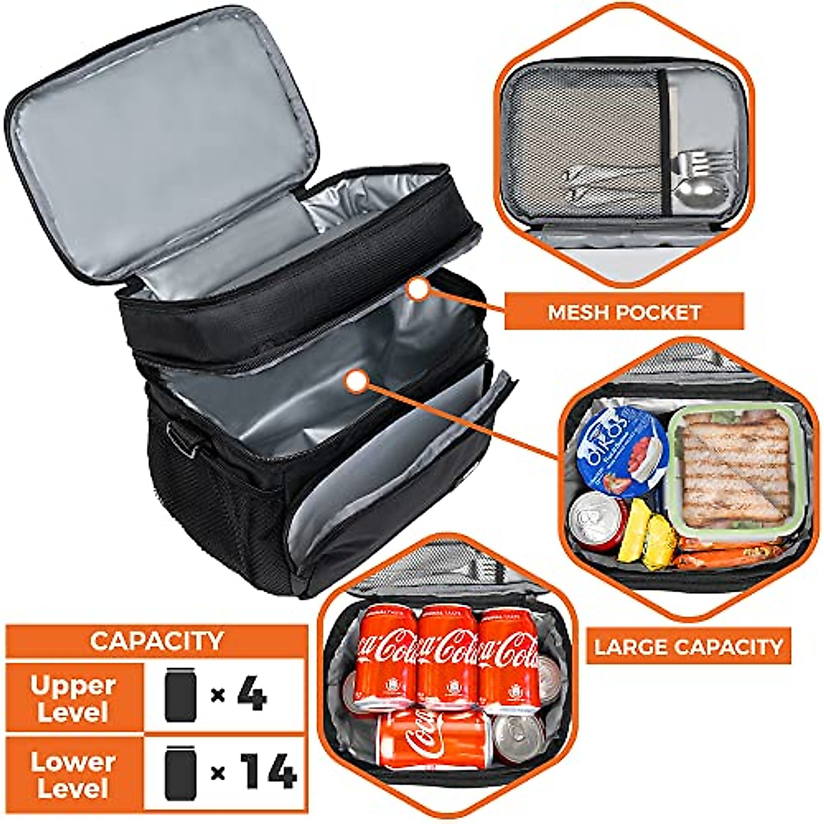 opux Insulated Lunch Bag for Men Women, Large Dual Compartment Cooler Bag, Soft Two Deck Lunch Box for Work School Picnic, Leakproof Lunch Tote with Shoulder Strap for Kid Adult (Black, Double Deck)