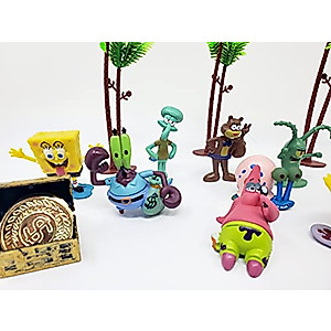 Birthday Celebrations Spongebob Squarepants 2" Figure Play Set of 14 Featuring Squidward, Sandy Cheeks, Patrick Star, Mr. Krabs, Plankten with Palm Trees, Treasure Chest and More (Unique Design)