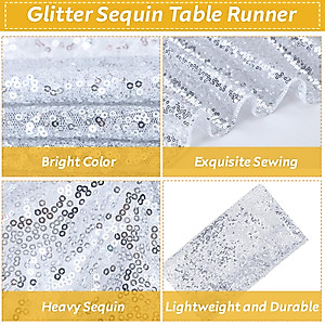 Newwiee 12 Pack Round Plastic Tablecloth 84 Inch with Glitter Sequin Table Runner 12 x 108 Inch Disposable Waterproof Tablecloth for Parties Wedding Baby Shower(Silver, White)