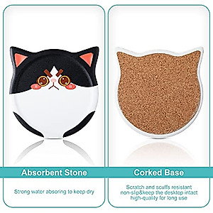Funny Cat Coasters for Drink Cute Coasters Cat Gift for Cat Lovers Ceramic Coasters with Cork Bottom and Metal Holder for Bar Office Dining Coffee Table Desk Decor 4.25 Inch (Fun Cat Style, 6 Pcs)