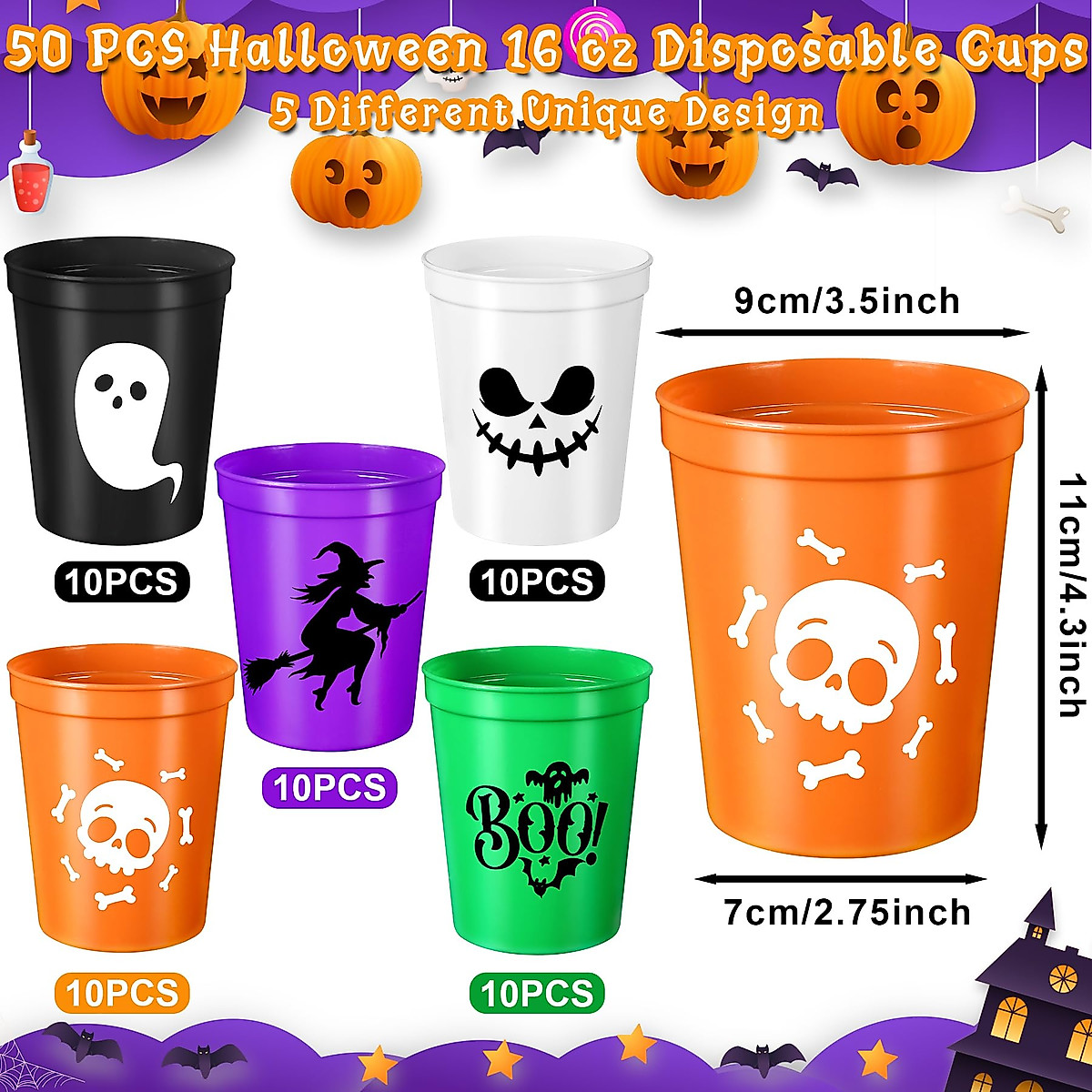Erweicet 50 PCS Halloween Plastic Party Cups 16 oz Colorful Halloween Disposable Cups Ghost Witch 5 Colors Design Halloween Cups for Coffee Juice Wine Liquor Halloween Party Supplies