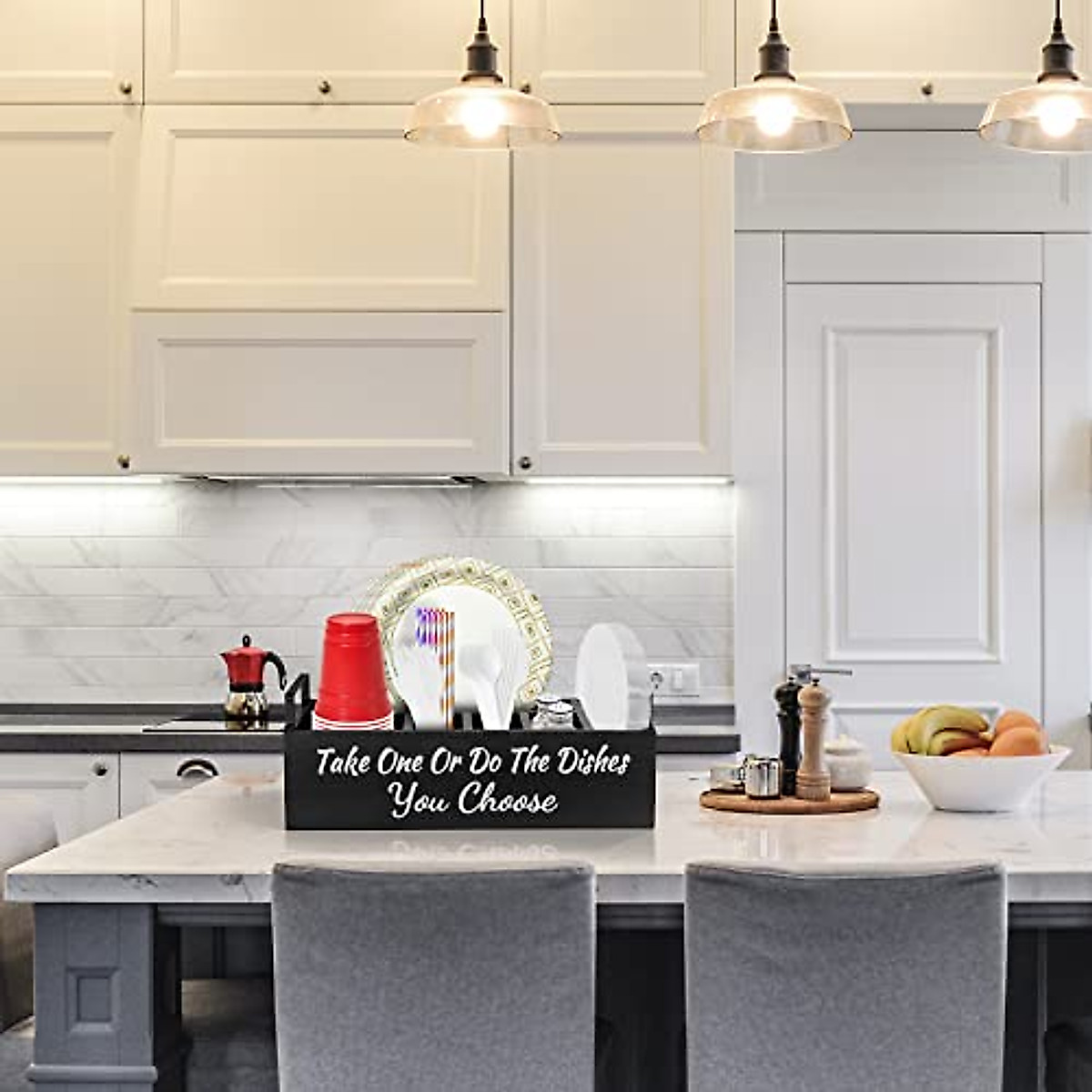 Paper Plate Organizer Holder for Countertop, Silverware Caddy with 6 Compartments for Plates, Cups, Fork, Knives, Spoon and Napkins, Paper Plate and Utensil Caddy for Party, Camping, Picnic (Black)