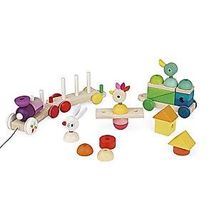 Janod Zigolos Giant 31 Piece Multicolor Wood Pull-Along Train and Stacker – Ages 1+ - J08202