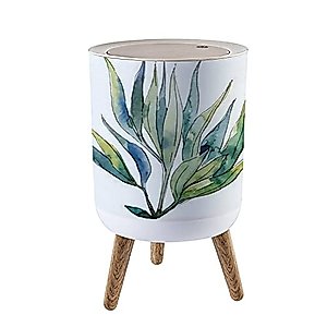 Trash Can with Lid Green Aquatic Underwater Nature Coral Reef Tropical Plant sea and Press Cover Small Garbage Bin Round with Wooden Legs Waste Basket for Bathroom Kitchen Bedroom 7L/1.8 Gallon