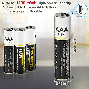 Pownergy AAA Batteries 1.5V Lithium ion AAA Battery Rechargeable Batteries, 1100mWh High Capacity with Micro USB Cable 2H Fast Charge Long Lasting Li-ion AAA Batteries 4 Packs