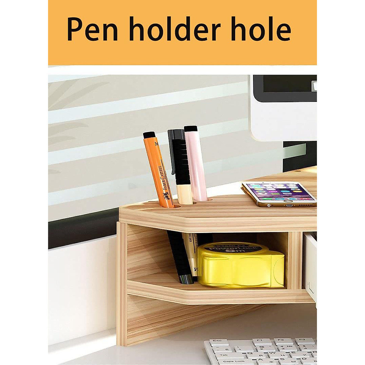 KUAIYU Triangle Monitor Riser,Cut Triangular Computer Monitor Desktop Corner Stand,Desktop Corner Shelf With Drawers Wooden Computer Stand With Storage Laptop Risers Office Organization.