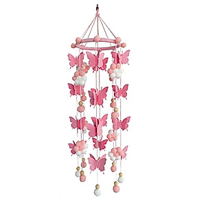 Baby Crib Mobile, Cute Butterfly Wind Chime, Handmade Felt Ball Mobile Ceiling Mobile Hanging Decoration for Newborn Nursery, Baby Nursery Room Decor(Pink)
