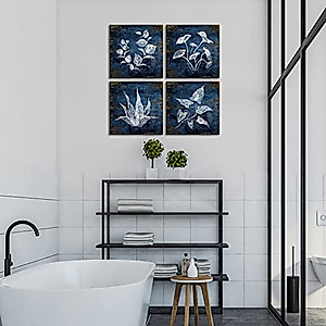 KLVOS Leaf Picture Wall Art Prints Navy Blue Tropical Plant Green Leaf Inspirational Canvas Prints Artwork Rustic Natural Leaves Framed Wall Decor for Bathroom Bedroom Living Room