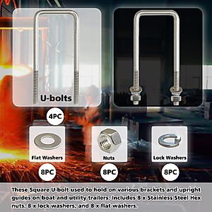 FITHOIST 4Pack Square U-Bolt 1/2"-13 Thread Size, 304 Stainless Steel U Bolts 1/2" D x 3-1/16" W x 7-5/16" L with Washers & Nuts, for Replacement Parts and Accessories for Sailboat Trailer