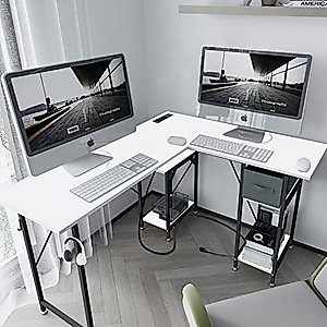 DLIUZ White L Shaped Desk with Drawers，L Modern Desk,Computer Gaming Desk with USB Charging Port and Power Outlet， 2 Person Long Writing Study Table with Shelves Reversible Home Office Corner Desk