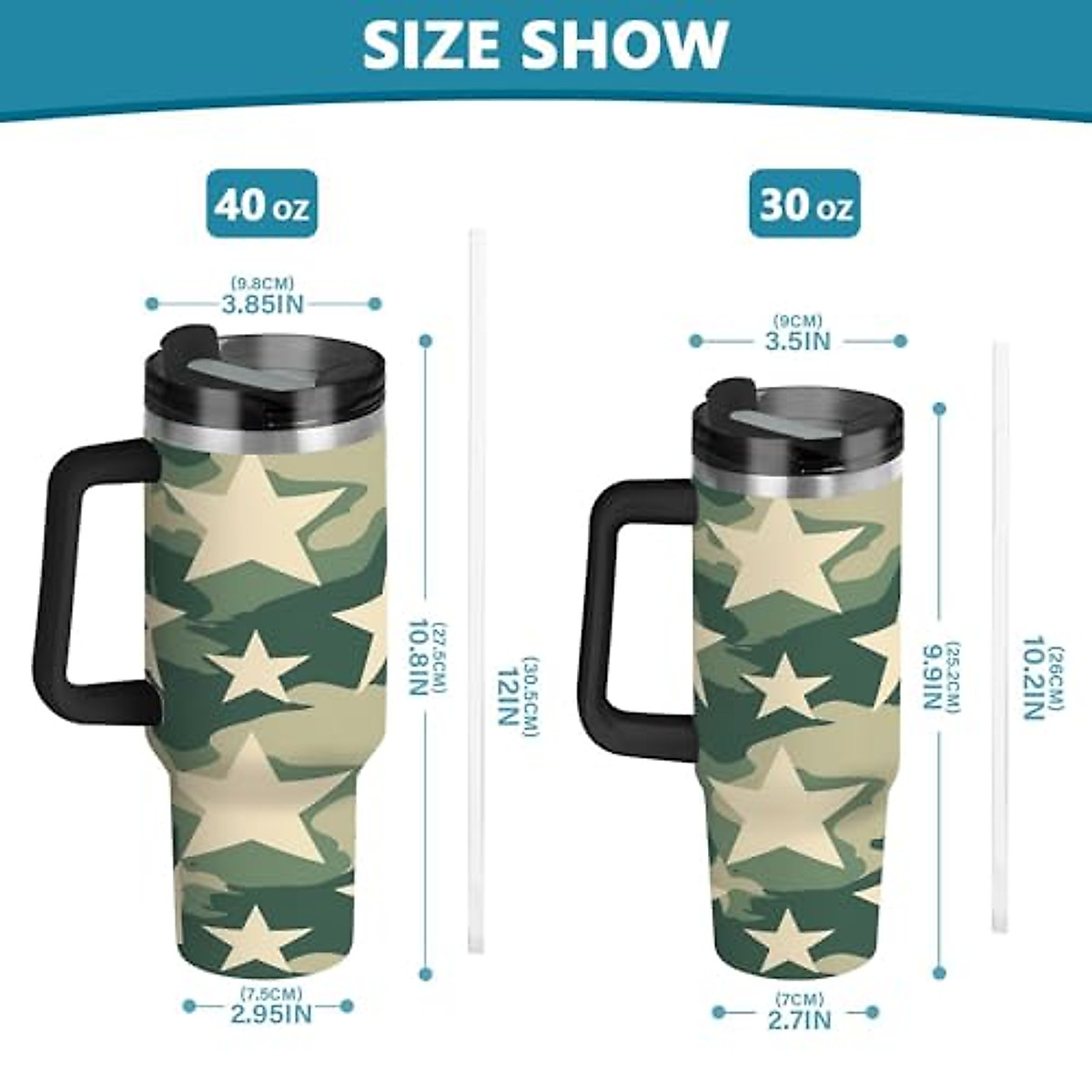 FRCSDIY Stars Insulated Tumbler with Handle and Straw Lid,40oz Leakproof Stainless Steel Cup BPA-Free Water Bottle