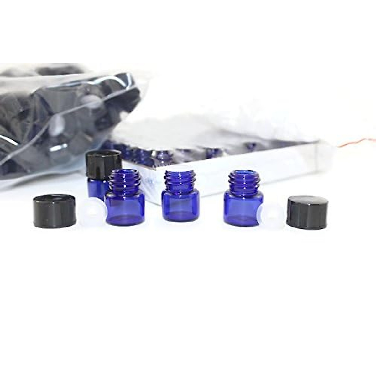 1/4 Dram (1ml) Cobalt Blue Glass Vial Bottle (144) w/Flat Black Screw Caps and Orifice Reducers