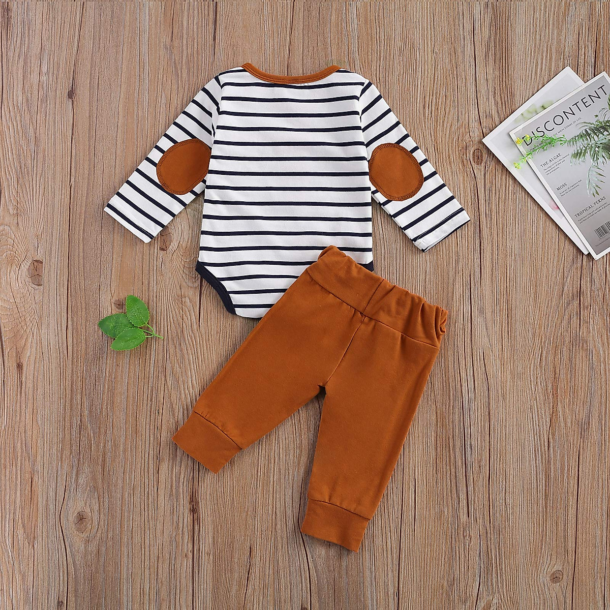 2Pcs/Set Newborn Baby Boys Outfit Long Sleeve Striped Bodysuit Romper Solid Pants Fall Winter Clothes (Khaki, 0-3 Months)