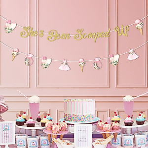 Jollyboom She's Been Scooped Up Banner, Ice Cream Bridal Shower Party Decoration Glitter Banner for Girl Women Summer Ice Cream Theme Bachelorette Bridal Shower Engagement Wedding Party