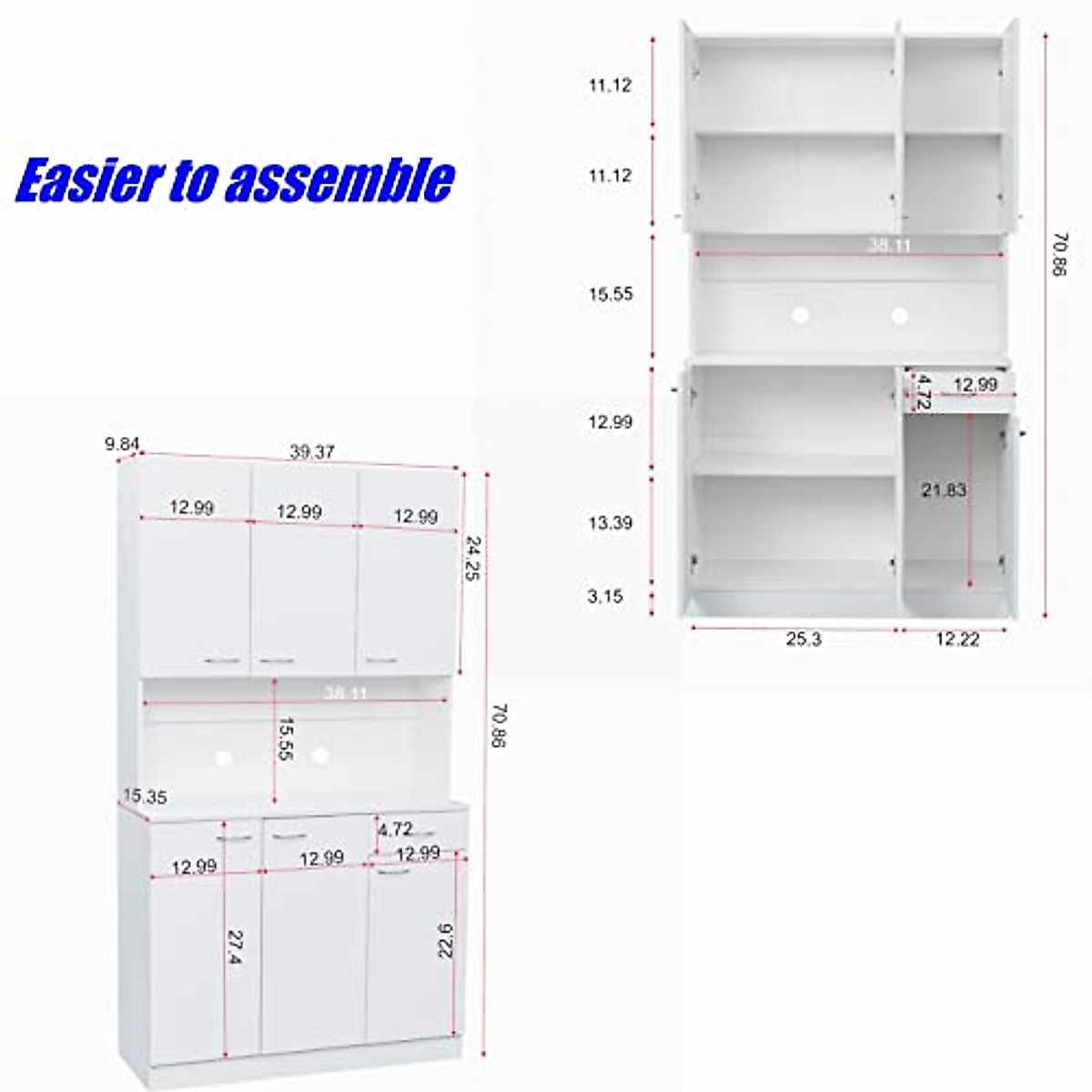 TIHWOALL Upgraded Version and Stronger Kitchen Pantry Cabinet Cupboard for Living Room Bedroom Office with Doors & Shelves & Drawer, Thickened Wooden Freestanding Wardrobe Storage Cabinet (White)