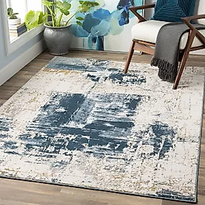 Mark&Day Area Rugs, 8x10 Bayonne Modern Dark Blue Area Rug, Blue White Yellow Carpet for Living Room, Bedroom or Kitchen (7'10" x 10'2")