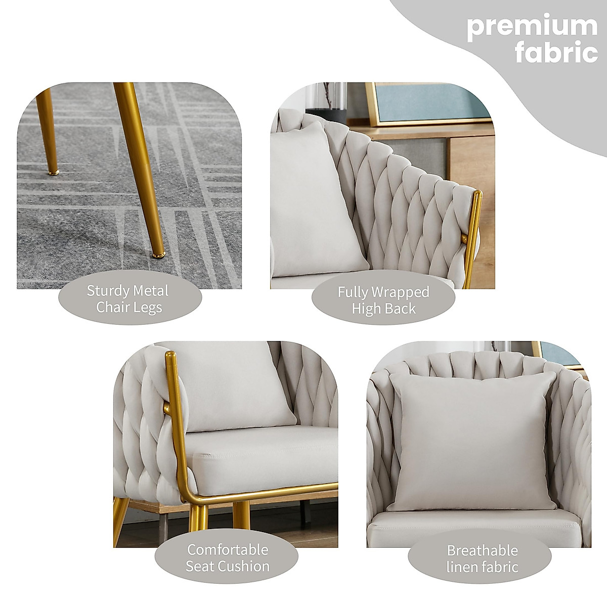 BOSMILLER Woven Dining Chairs, Modern Dining Room Chairs with Gold Metal Non-slip Legs, Curved High Backrest Round Upholstered Dining Chair with Headrest, for Living Room, Dining Room (Beige)