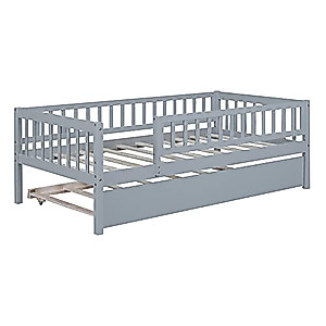 RORIGAT Wooden Daybed, Twin Size Bed Frame with Trundle and Fence Guardrails for Kids Teens Adults, Wood Slat Support, No Box Spring Needed, Easy Assembly,Gray