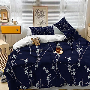 PRINTIUM 3pcs White Floral Queen Duvet Cover Set Dark Blue White Flower Printed Comforter Cover with Zipper Closure Soft Breathable Vintage Botanical Navy Bedding Set