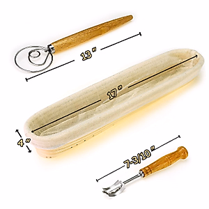 17 Inch Long Baguette Banneton Bread Proofing Basket and Linen Liner Set Premium Sourdough French Proofing Basket with Dough Whisk, Bread Lame and Blades Natural Rattan Bread Fermentation Bowls
