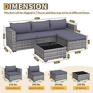 UDPATIO Modular Patio Furniture Set 5 Pieces Outdoor Sectional Couch with Glass Coffee Table, L Shaped Wicker Sofa Patio Conversation Set for Backyard Porch Balcony Grey