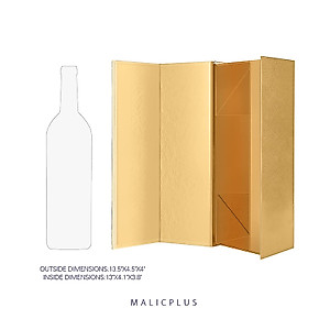 MALICPLUS 2 Wine Gift Boxes 13.5x4.5x4 Inches, Bottle Gift Boxes for Liquor and Champagne, Magnetic Closure Collapsible Gift Boxes (Glossy Gold with Embossing)