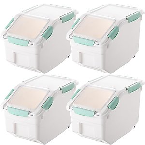 Purpeak 4 Pack Grain Rice Storage Bin Flour Storage Container 20 Lbs with Wheels Measuring Cup Airtight Lid Plastic Cereal Pet Food Storage Boxes for Dry Food Sugar Baking Cat Bird Dog Food (Green)
