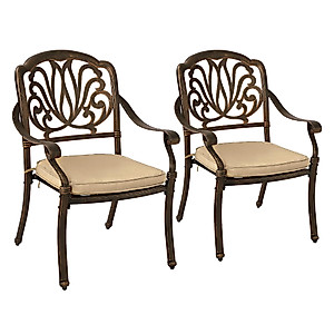 2 Piece Outdoor Dining Chairs, Cast Aluminum Dining Chairs Set of 2, Patio Bistro Chairs Set with Cushions for Patios, Gardens, Pools, Terraces (Flower Design with Khaki Cushion)