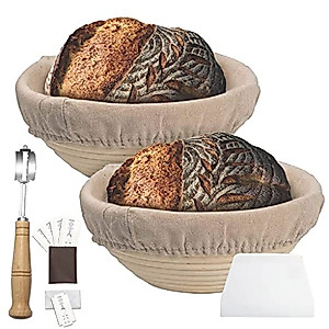 2 Pack 9 Inch Round Bread Proofing Basket for Sourdough Bread - Bread Basket Baking Bowl With Bread Lame & 5 Blades,Dough Scraper and Linen Liner Cloth Banneton Proofing Basket for Home Bakers