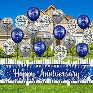 Blue Happy Anniversary Decorations for Men Women, Silver Blue Happy Anniversary Banner 18pcs Silver Navy Blue Happy Anniversary Balloons Party Decor for Wedding Anniversary Decorations Kit Supplies