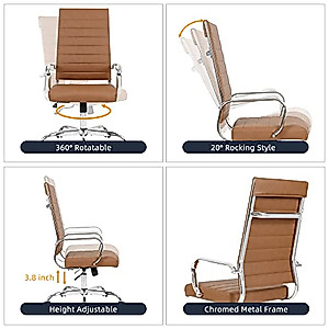 LANDSUN Home Office Chair High Back Executive Chair Ribbed Leather Computer Desk Chair with Armrests Soft Padded Adjustable Height Swivel Modern Conference Chrome Brown