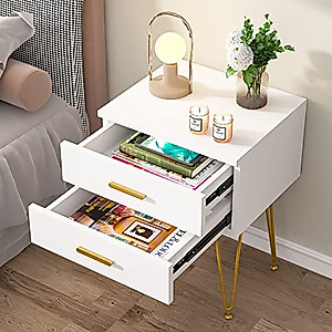 LITTLE TREE 2-Drawer Nightstand Set of 2, White and Gold Bed Side Table with Metal Legs for Bedroom
