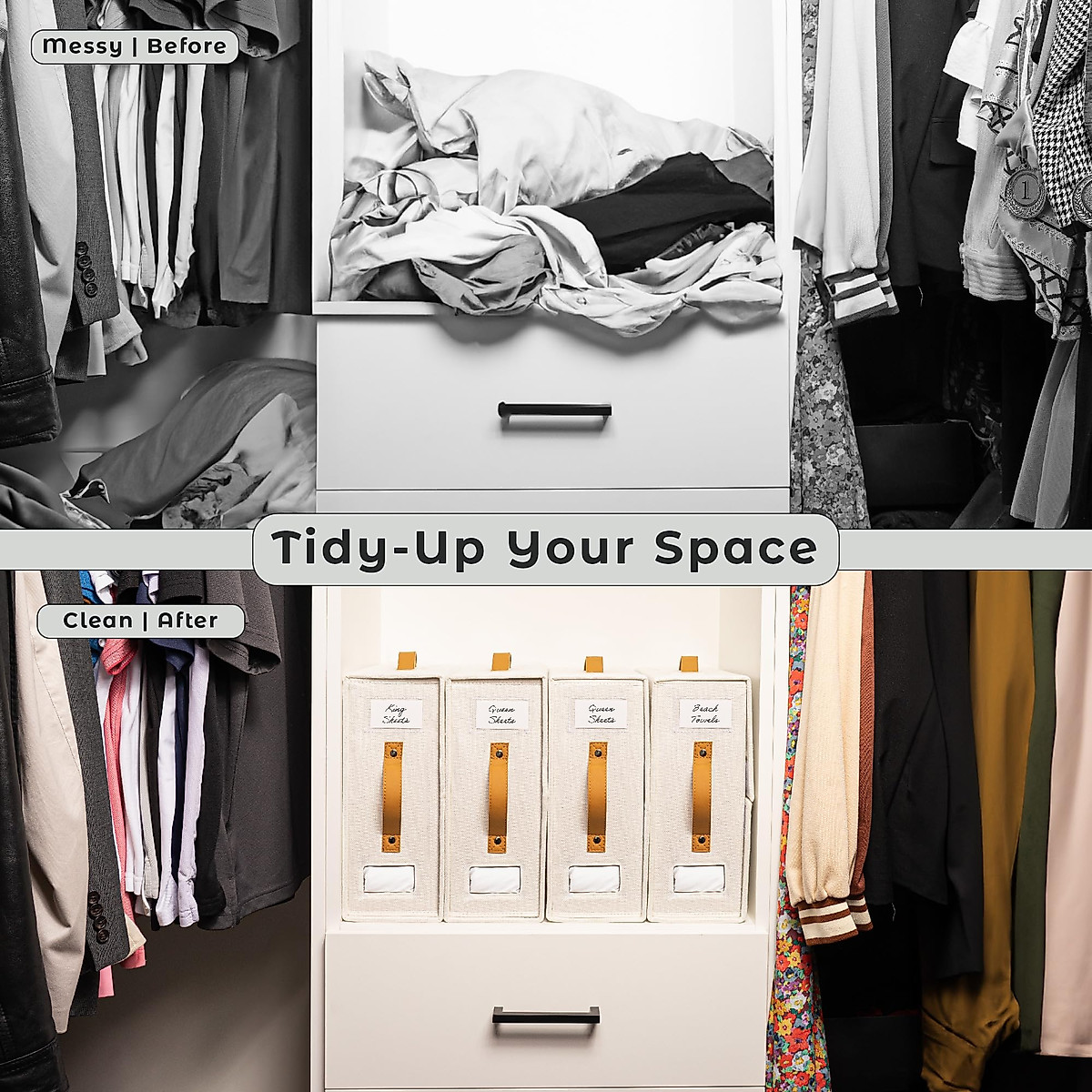 HappyHedz Sheet Organizers and Storage Bags for Bed Sheets, Linen, Blankets, Bedding - Under Bed or Closet Storage Boxes with Dual Handles and Organization Labels - (Beige, 2-pack)