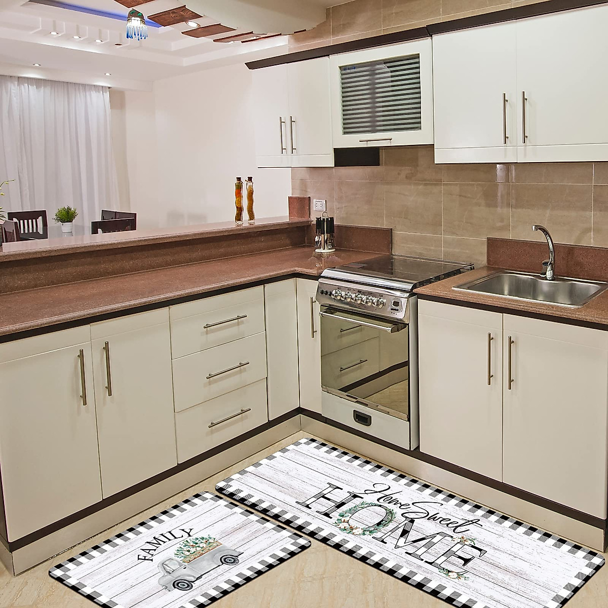 Riakrum 2 Pieces Non Slip Kitchen Mat for Floor Farmhouse Kitchen Rugs and Mats Gray Black White Checkered Rug Cushioned Comfort Standing Mats for Kitchen, 16 x 28 and 16 x 47 Inch