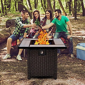 WAROOM Propane Fire Pit, 30 Inch Outdoor PE Wicker Gas Fire Pit Table with Fire Glass, and Waterproof Cover, for Parties and Gatherings on Patio Garden Backyard Porch