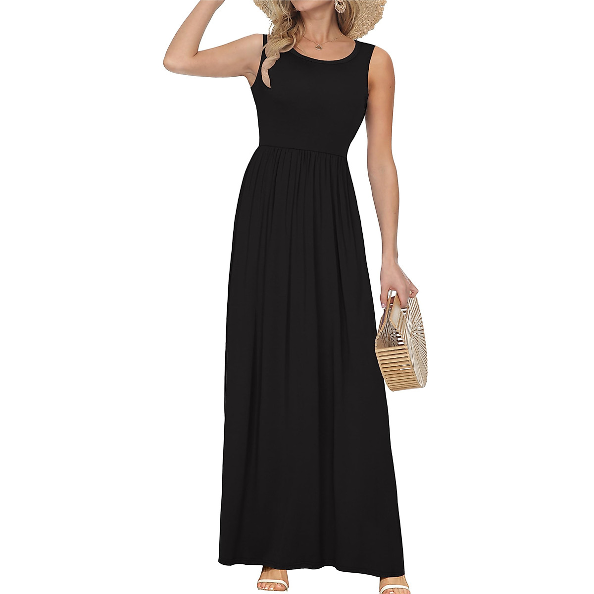 AUSELILY Women's Summer Sleeveless Loose Maxi Dress Casual Long Dresses with Pockets 2025 New Black L
